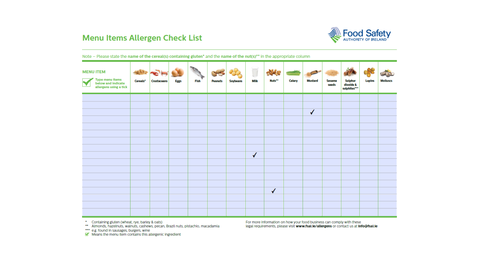 Menu Items Allergen Check List | Food Safety Authority of Ireland